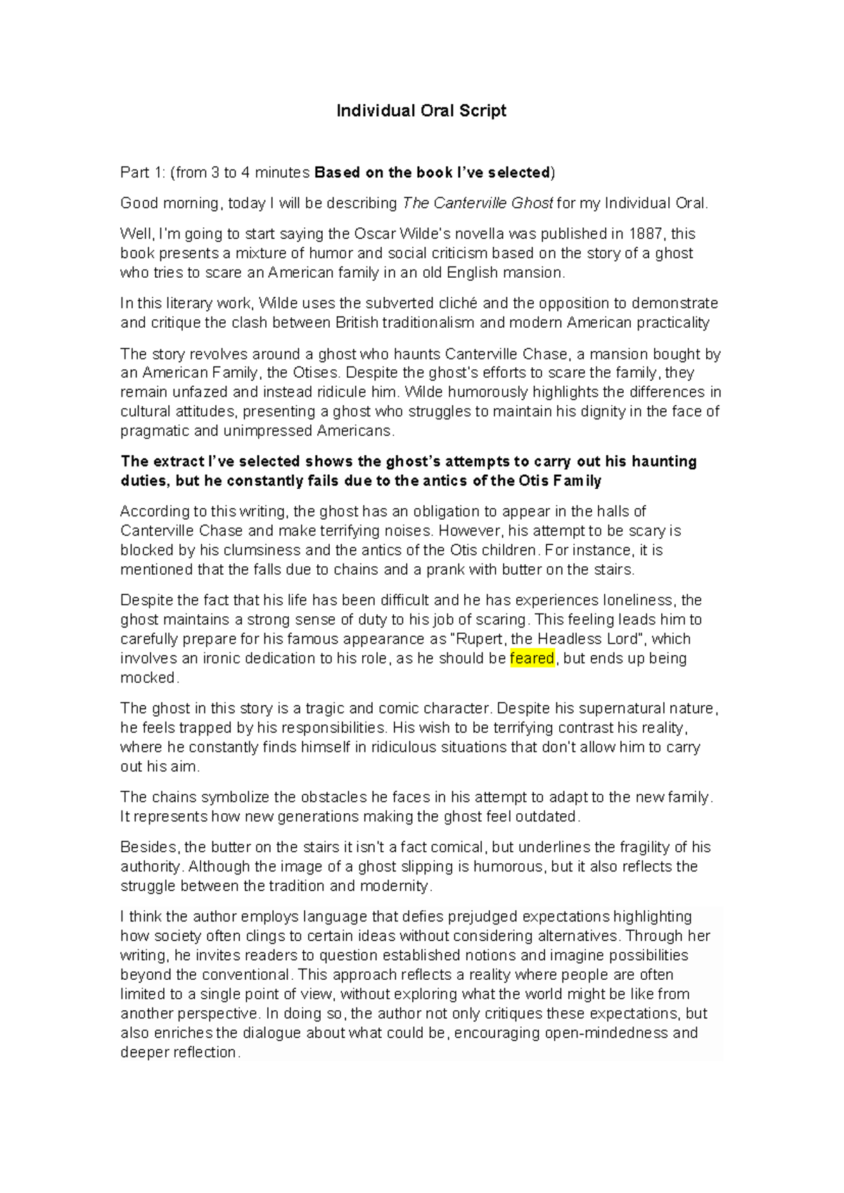 Individual Oral Script: Analyzing The Canterville Ghost - Studocu