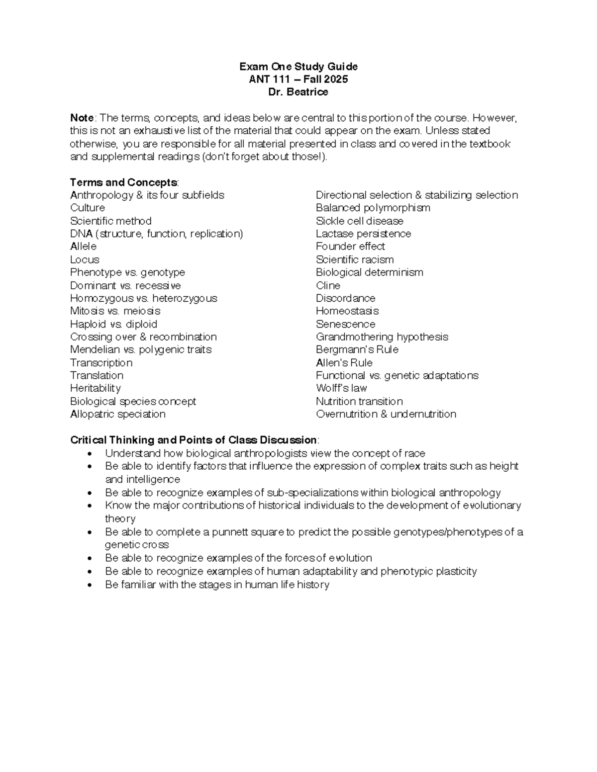 Exam One Study Guide for ANT 111 - Fall 2025 - Studocu