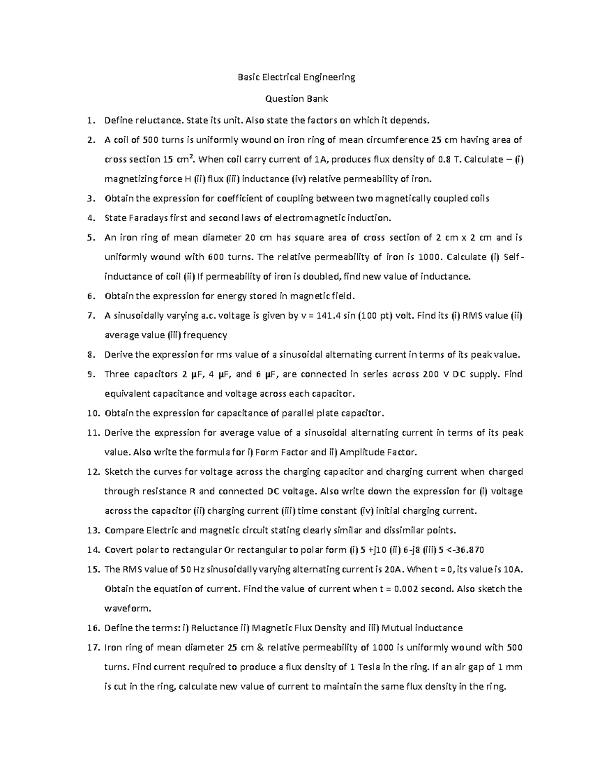 BEE- Basic Electrical Engineering Question Bank - Studocu