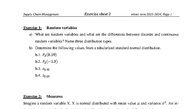 Exercise Sheet 2 - Supply Chain Management: Random Variables & Measures ...