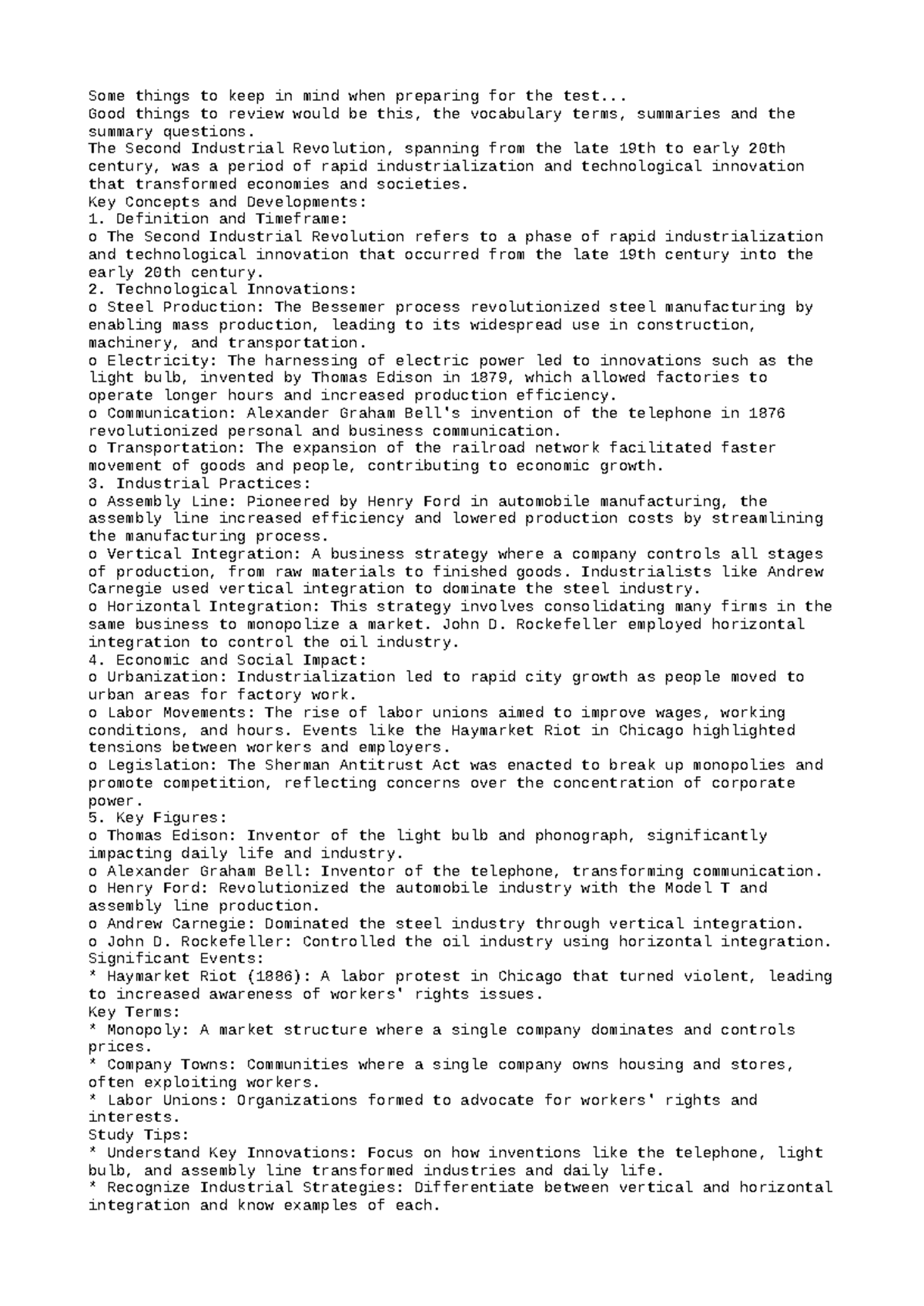 Study Guide: Key Concepts of the Second Industrial Revolution (HIST 101 ...