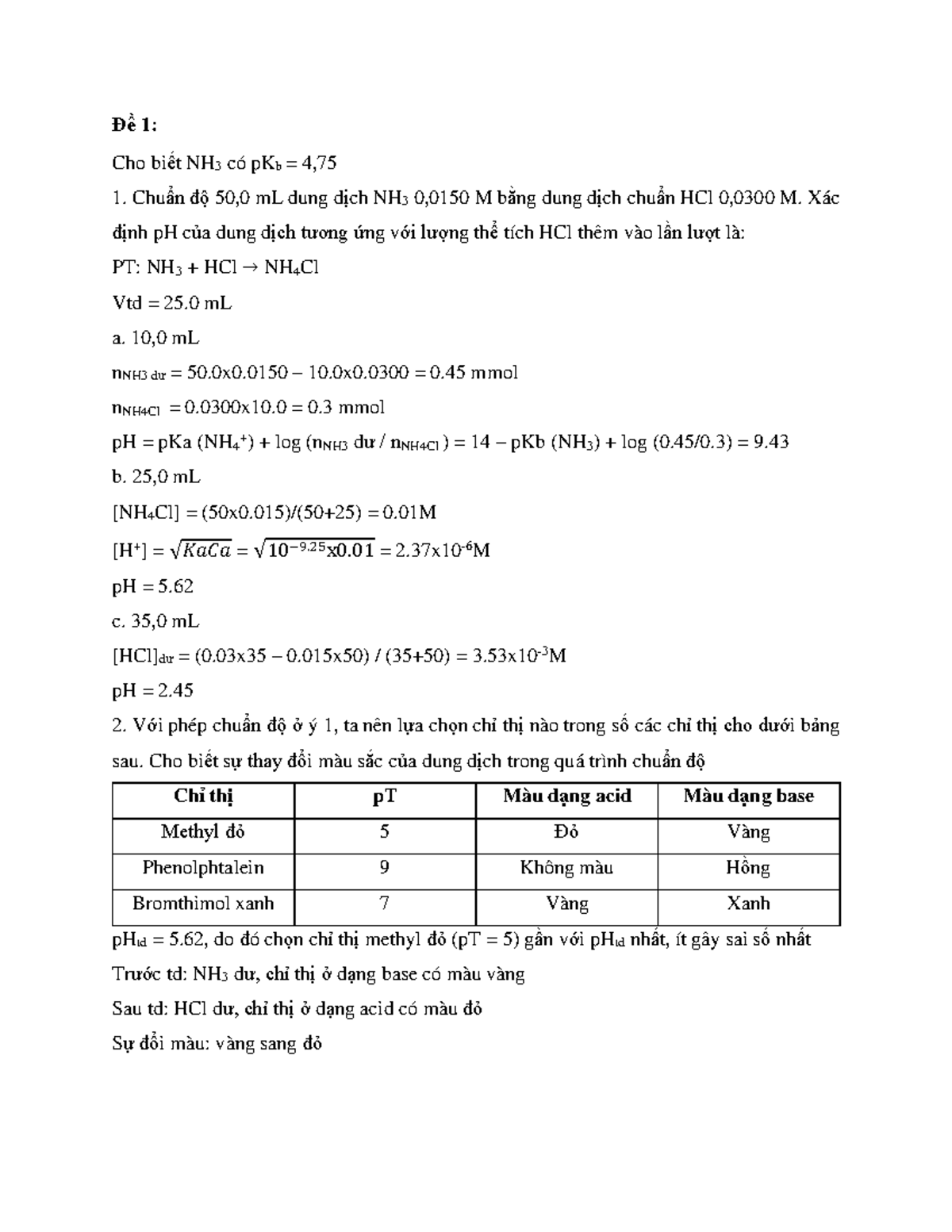 Đáp án Đề 1 - Acid Base - Hóa Phân Tích (pKb NH3, pH và Chỉ Thị) - Studocu