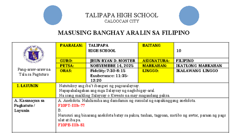TALIPAPA HIGH SCHOOL FILIPINO 10: Aralin 3.2 Pagsasalaysay - Studocu