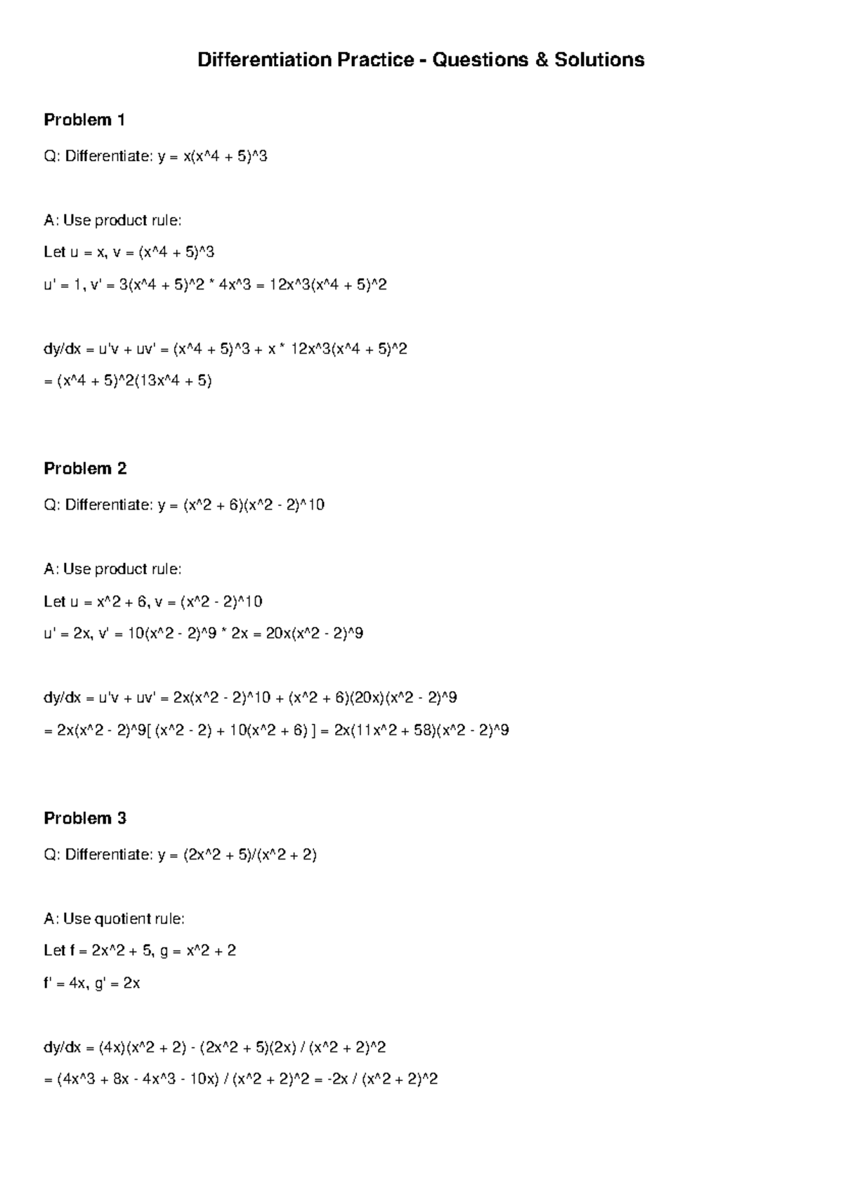 Differentiation Practice Questions & Solutions (Math 101) - Studocu