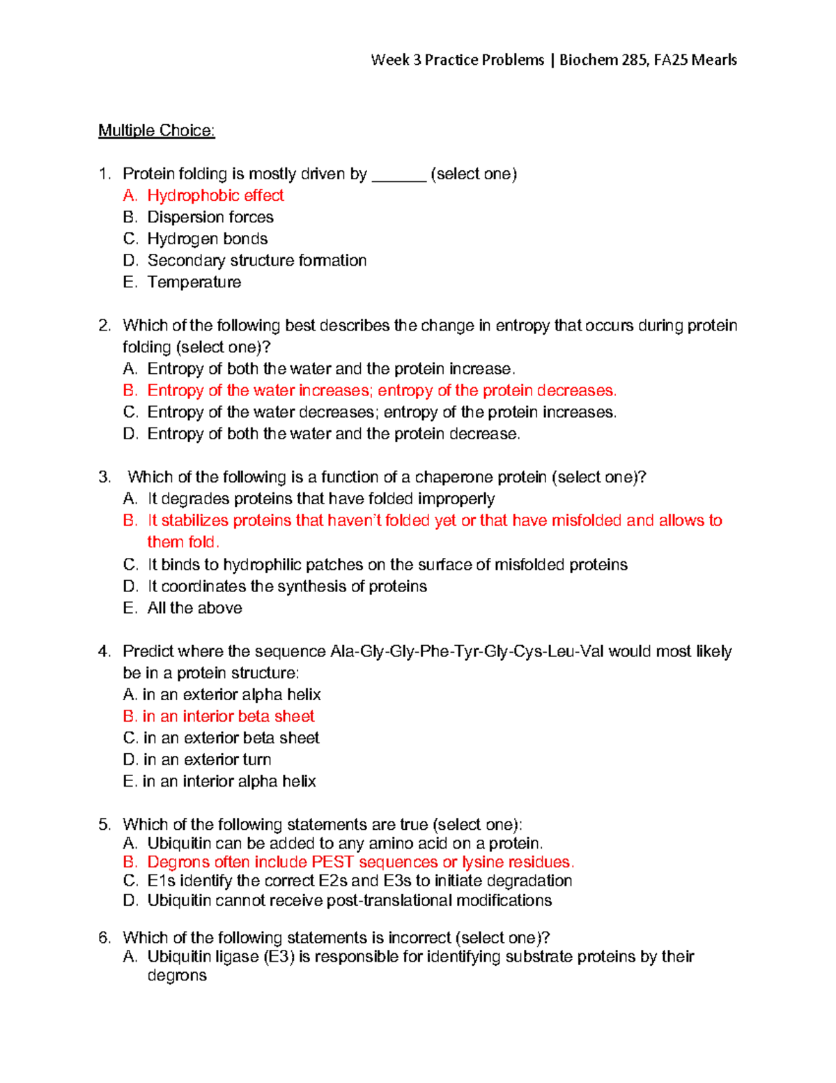 Biochem 285 FA25 Week 3 Practice Problems: Protein Structure & Function - Studocu