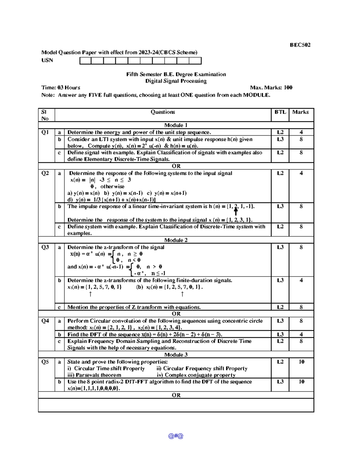 BEC502 - Model Question Paper for Digital Signal Processing Exam - Studocu