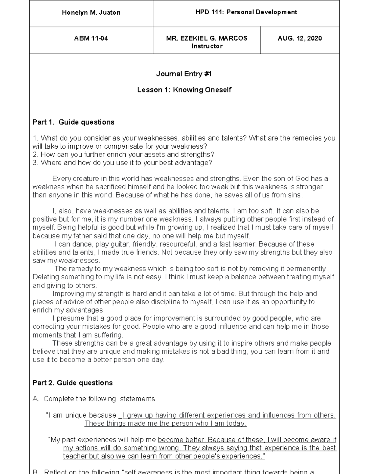 Journal Entry #1 - Personal Development - Honelyn M. Juaton HPD 111 ...
