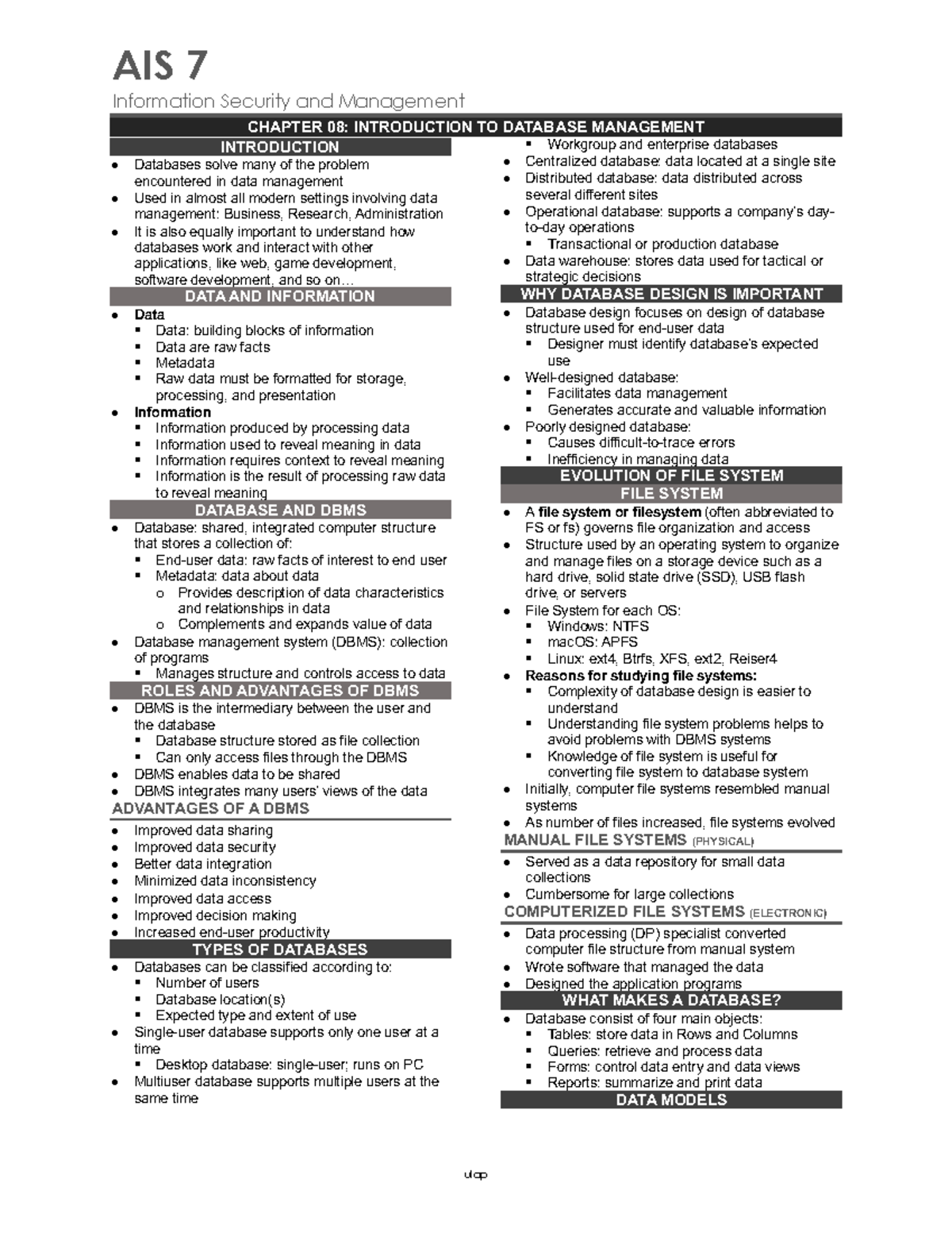 AIS 7 Information Security and Management CH08: Database Management ...