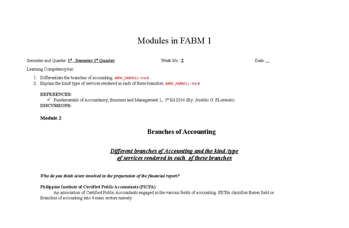 FABM 1 Module 2 Week 2: Branches of Accounting Explained - Studocu