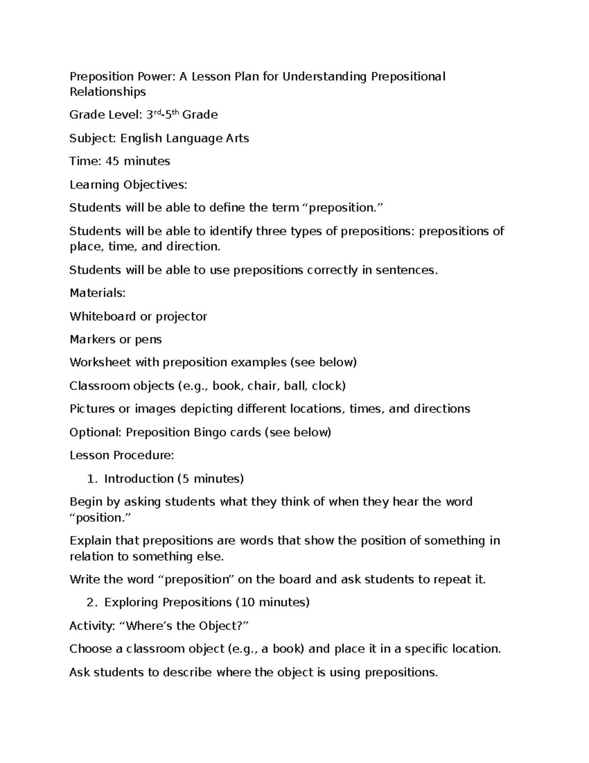 Preposition Power: An ELA Lesson Plan for Grades 3-5 - Studocu