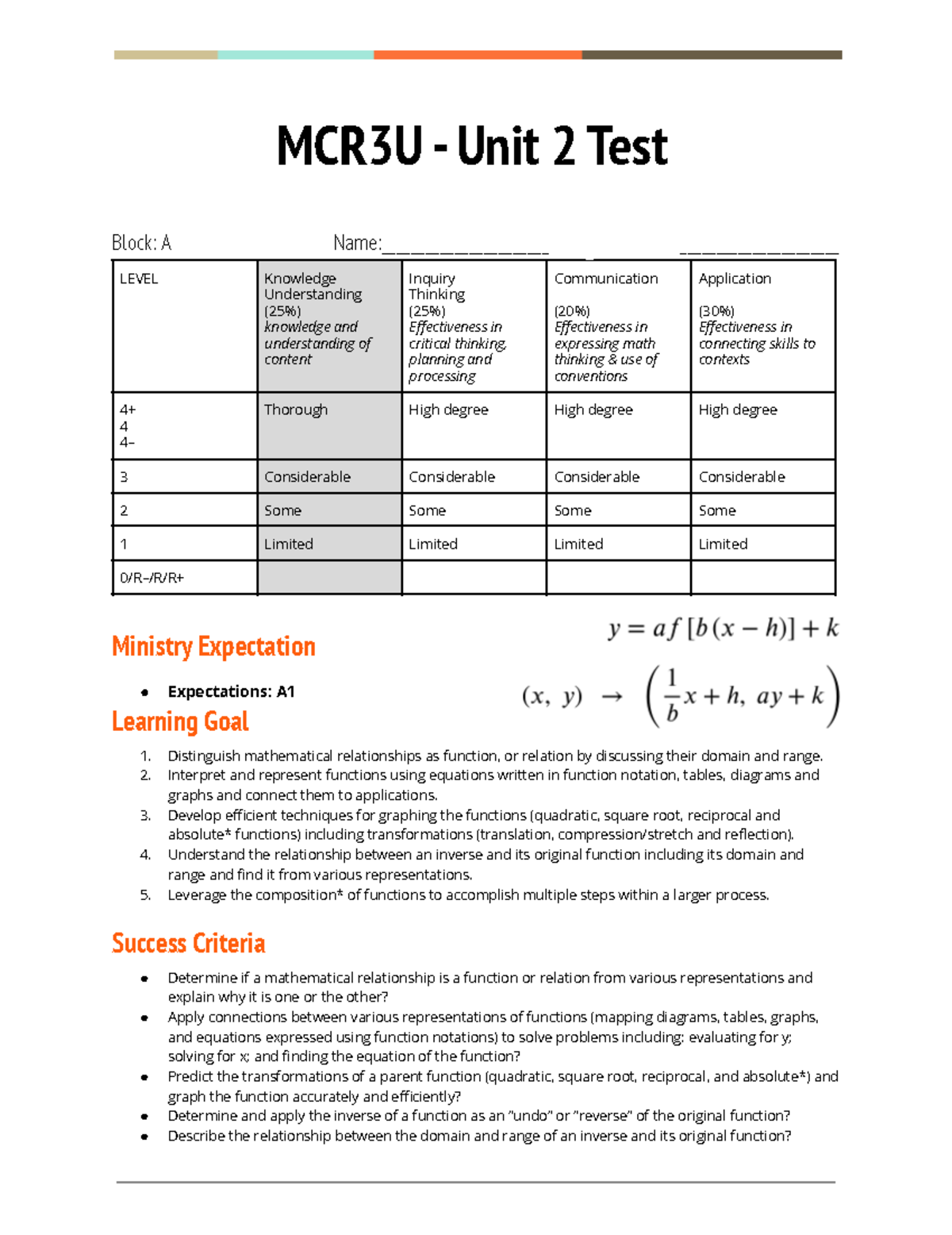 MCR3U Unit 2 Test A Solutions and Detailed Explanations - Studocu