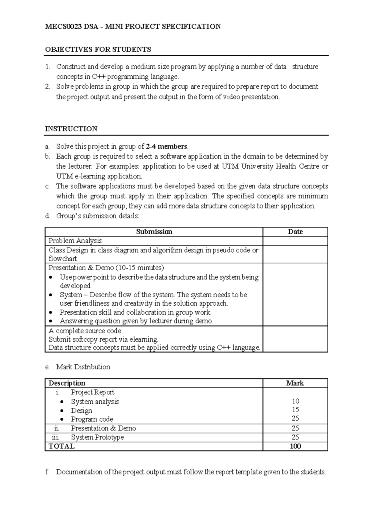 MECS0023 DSA Mini Project Specification & Guidelines 2025 - Studocu