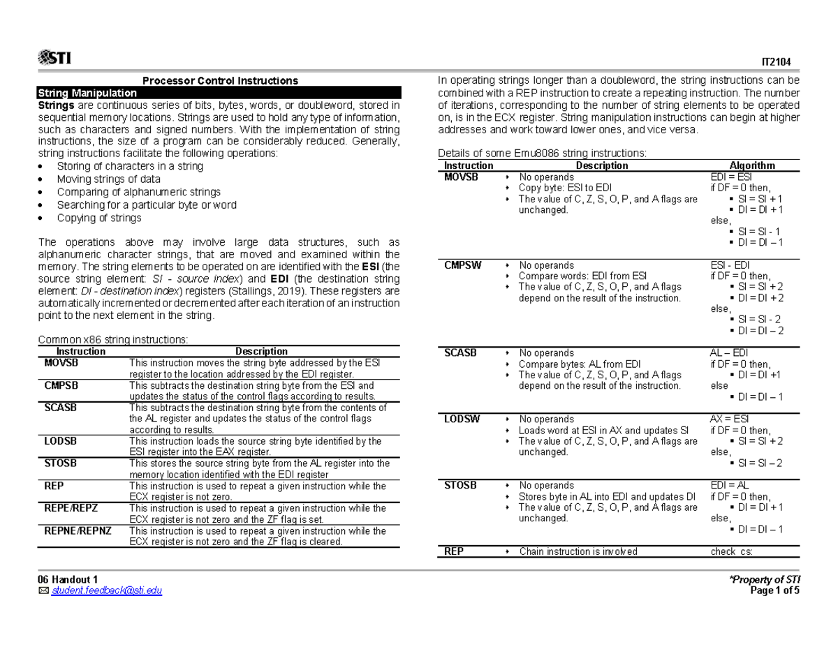 IT2104 Final Exam Notes on Processor Control & String Manipulation ...