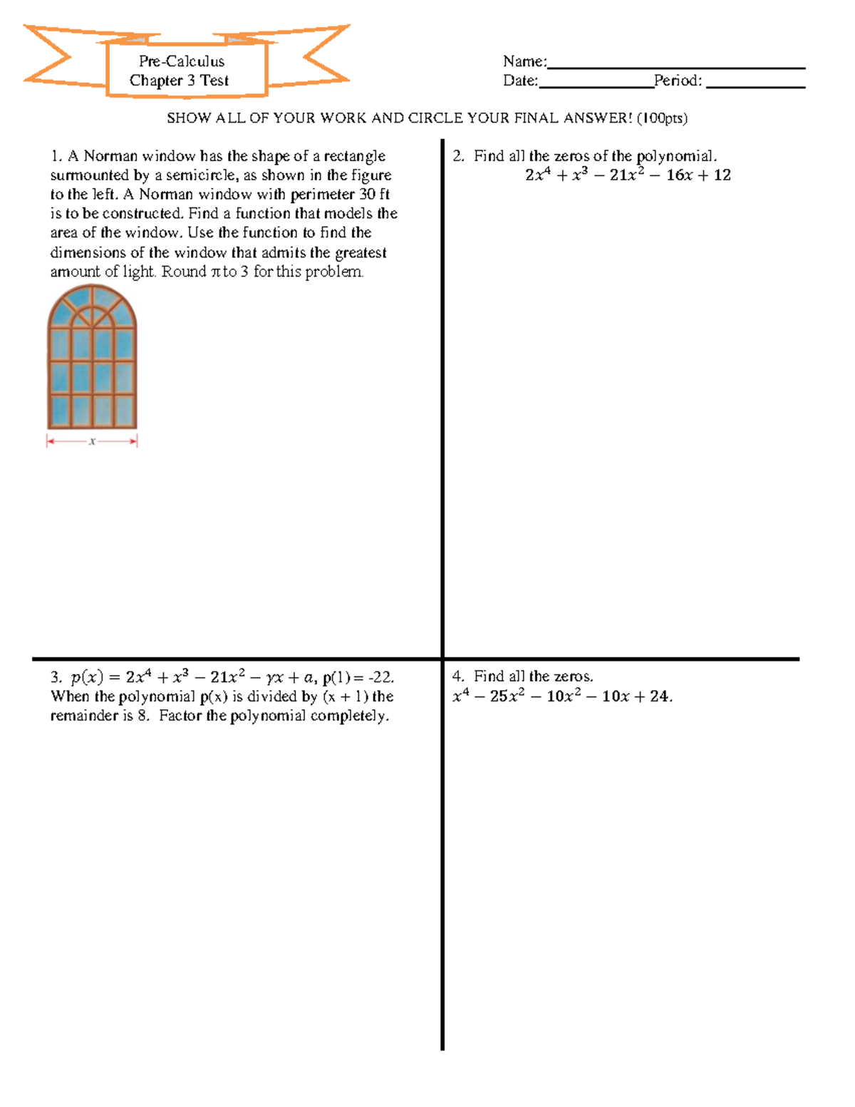 Pre-Calculus Chapter 3 Test D 2022-2023: Window Area & Polynomials ...