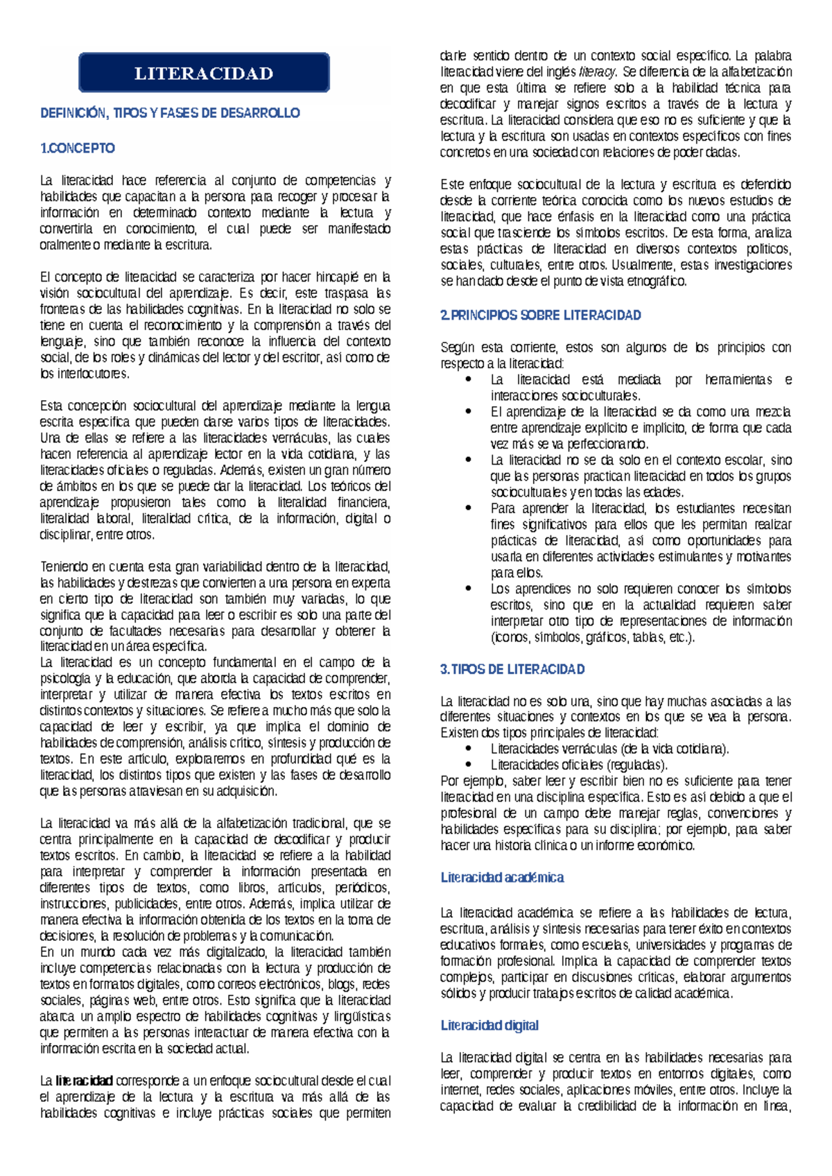 Literacidad: Definición, Tipos y Fases de Desarrollo - LECTURA 4 - Studocu