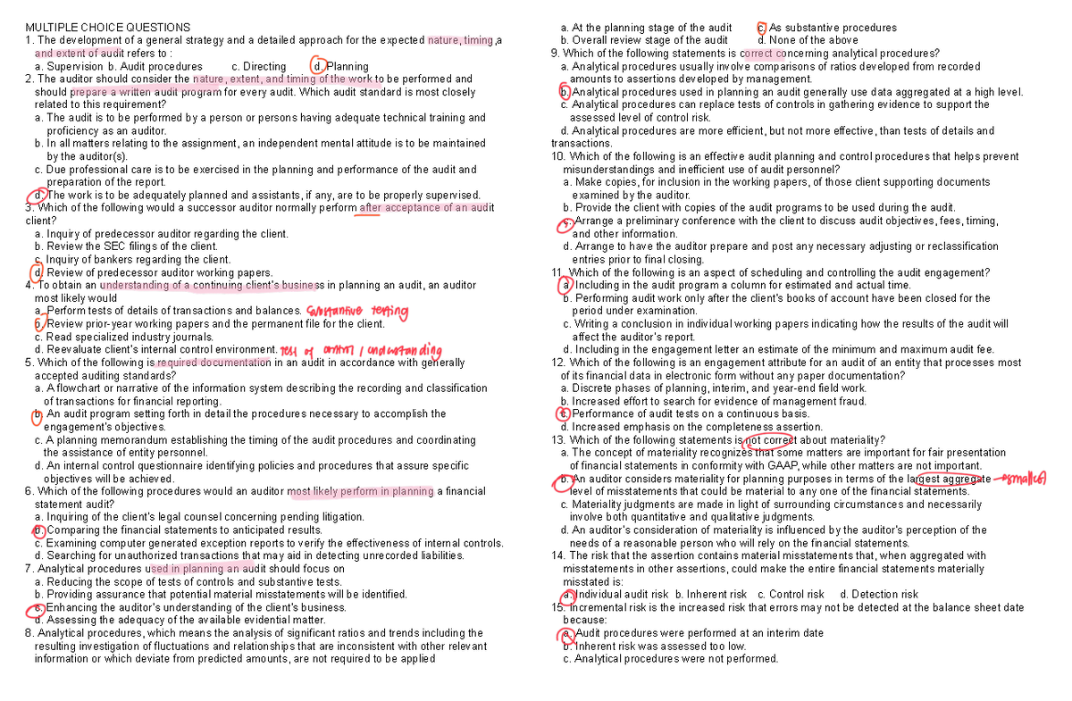 Audit Planning MCQs for PSA 300, PSA 310, and PSA 570 - Studocu
