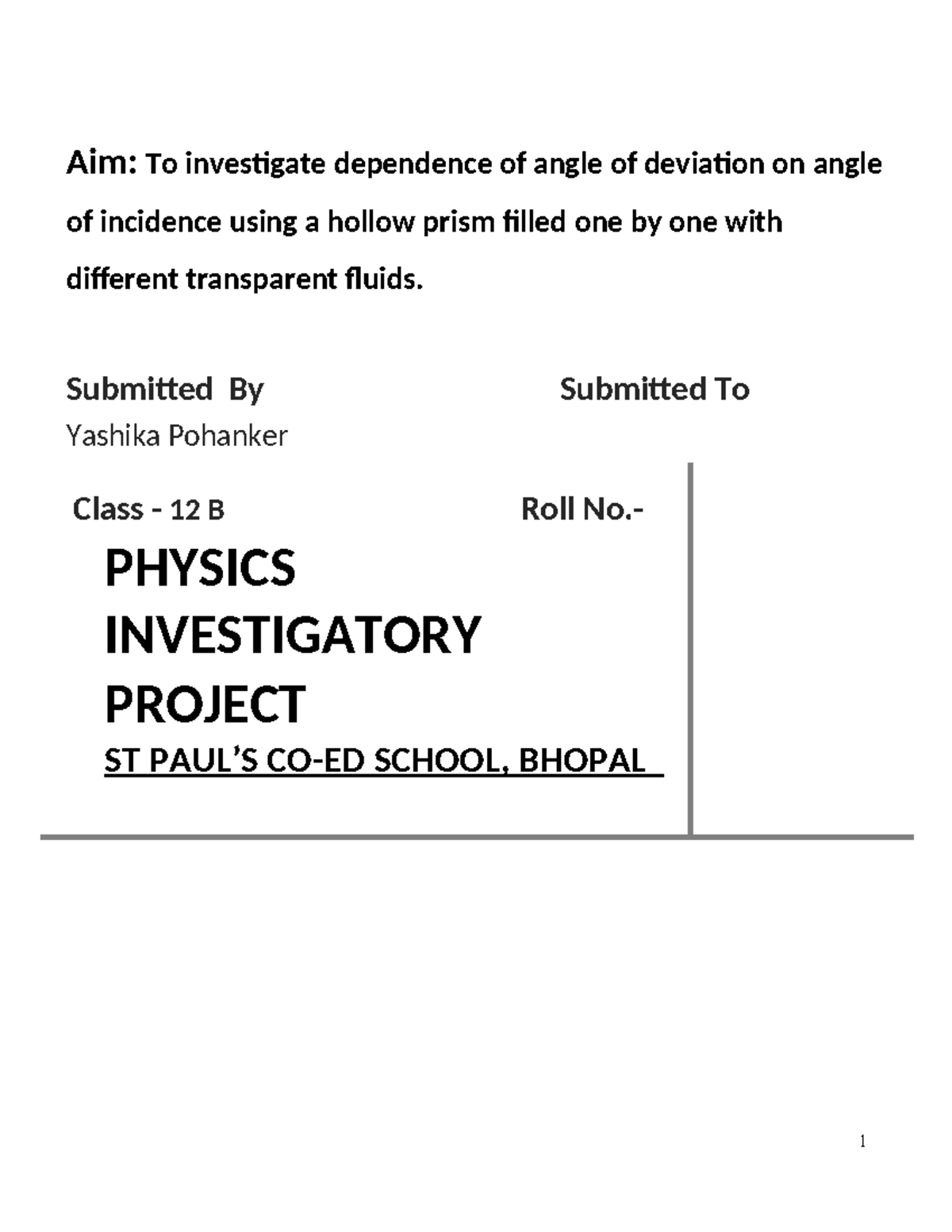 Physics Investigatory Project 1: Angle of Deviation vs. Angle of Incidence - Studocu