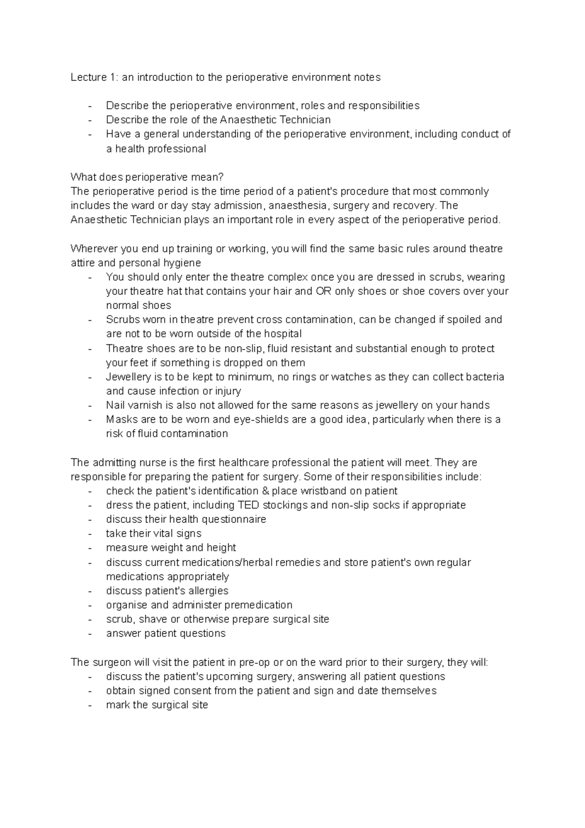 Lecture 1: Intro to Perioperative Environment & Roles in Anaesthesia ...