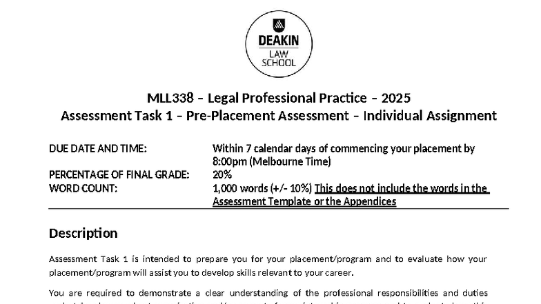 MLL338 Legal Professional Practice 2025 Assessment Task 1: Pre ...