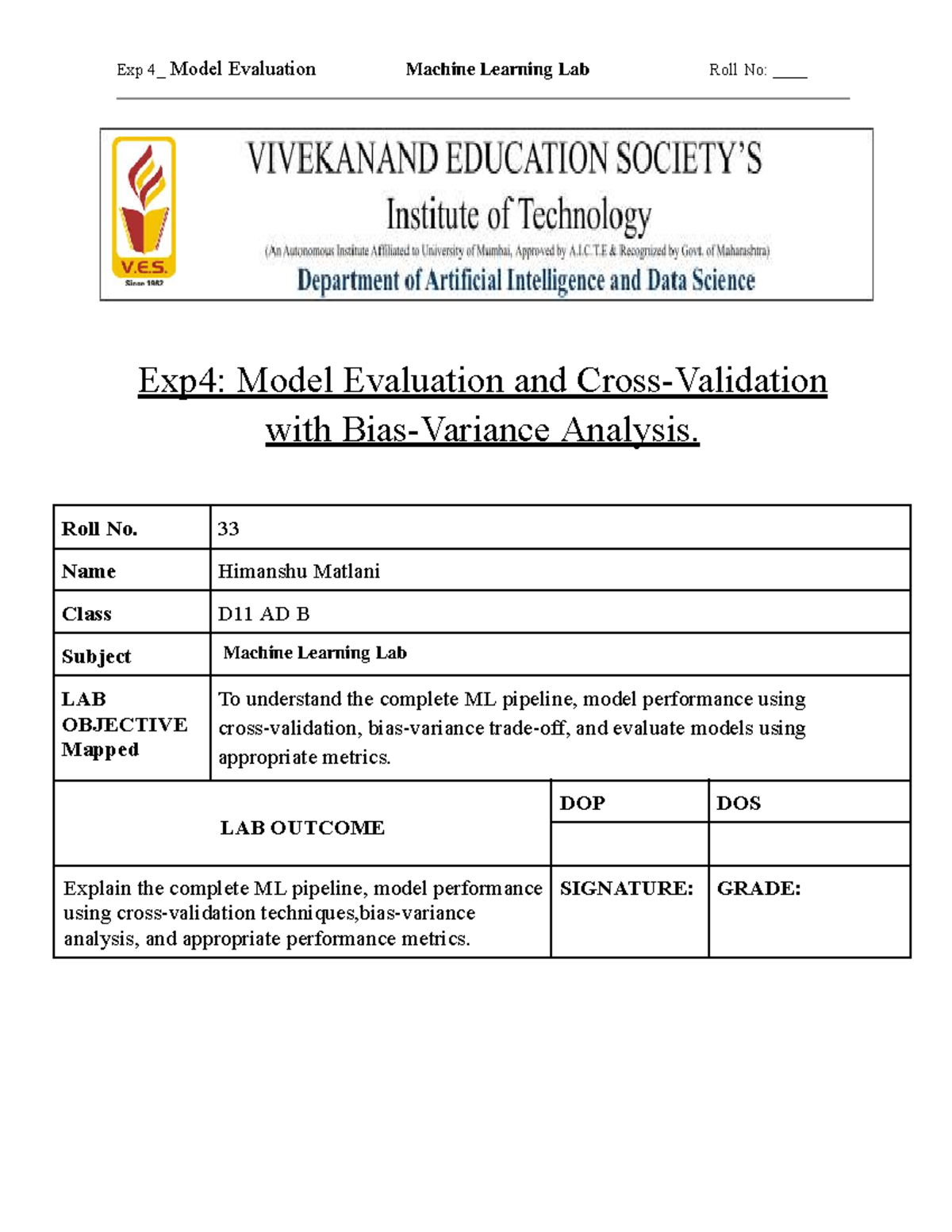Exp 4: Model Evaluation in Machine Learning Lab (D11 AD B) - Studocu
