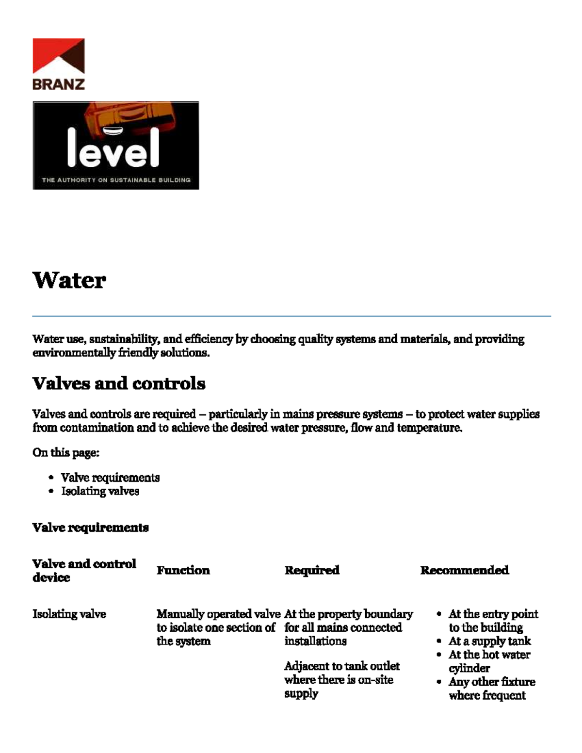 BRANZ Level: Valves and Controls for Sustainable Water Systems - Studocu
