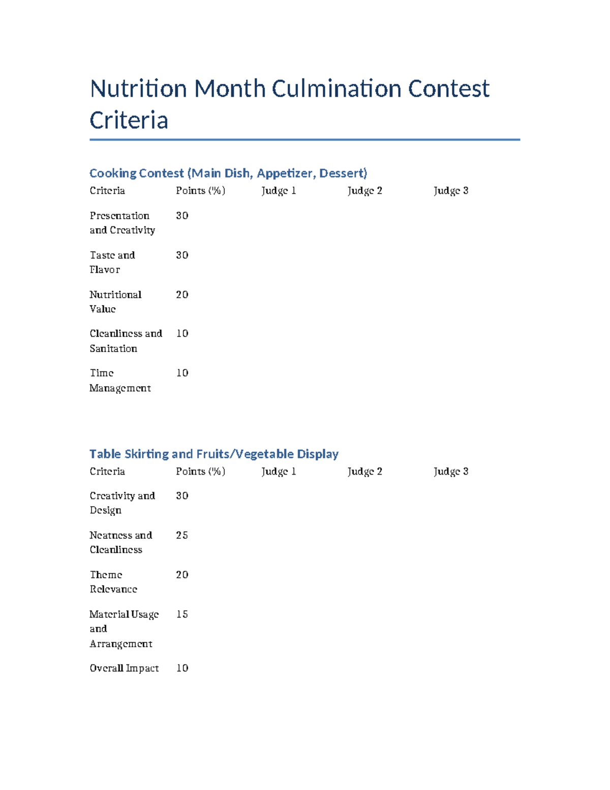 Nutrition Month Contest Criteria: Cooking & Display Judging - Studocu