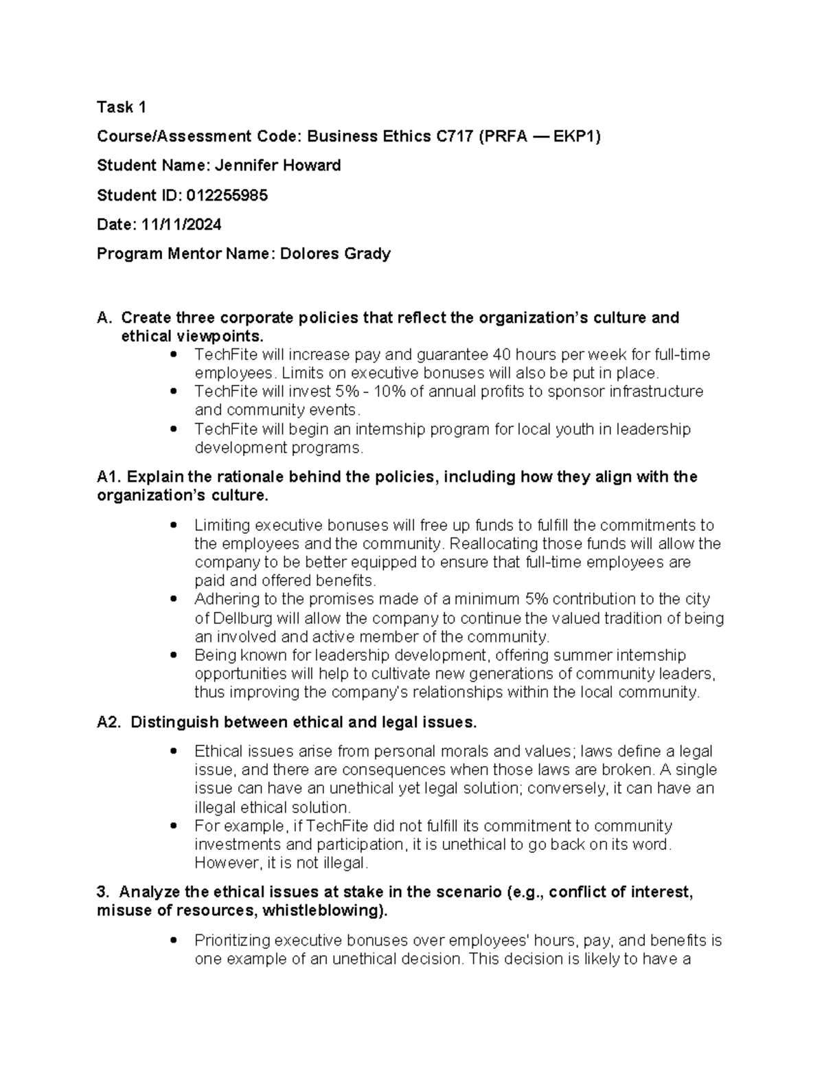 Business Ethics C717: Task 1 - Corporate Policies & Ethical Analysis ...