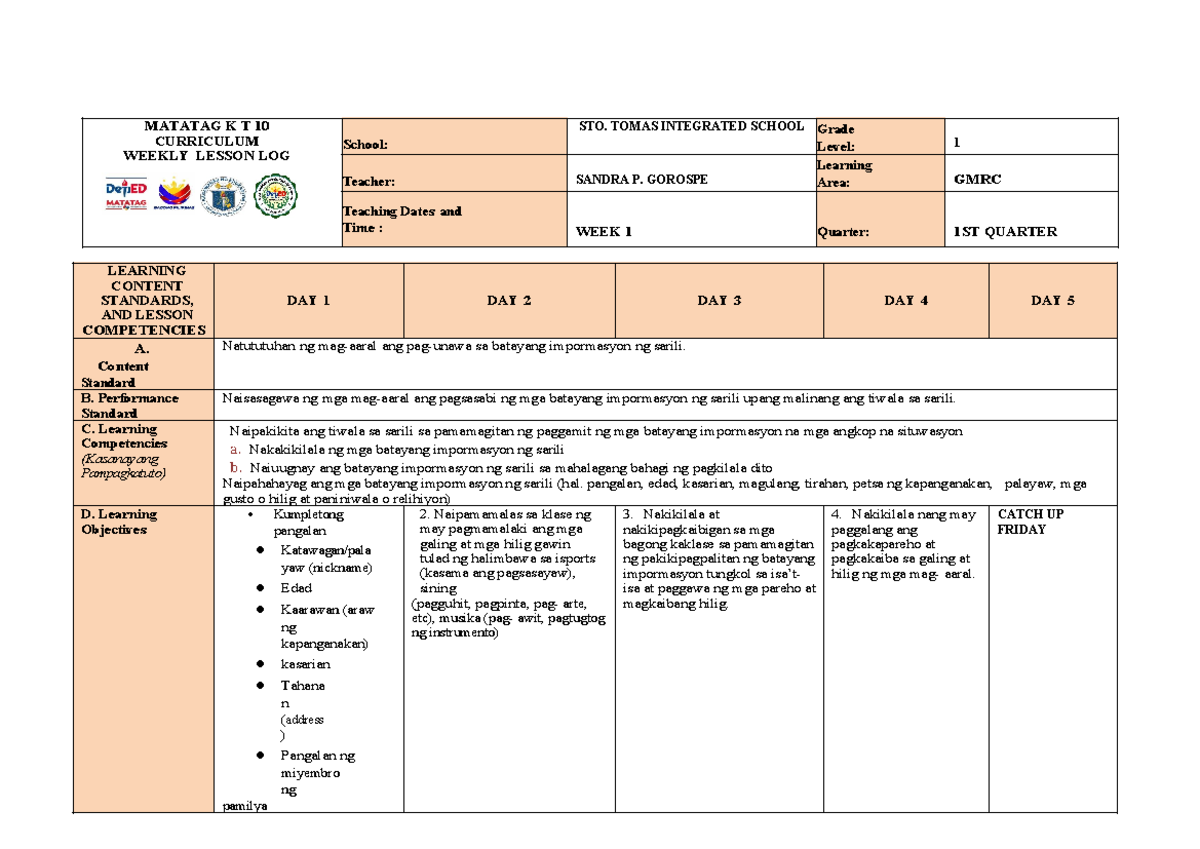WEEK 1 DLP - MATATAG K TO 1 LANGUAGE CURRICULUM LOG - Studocu