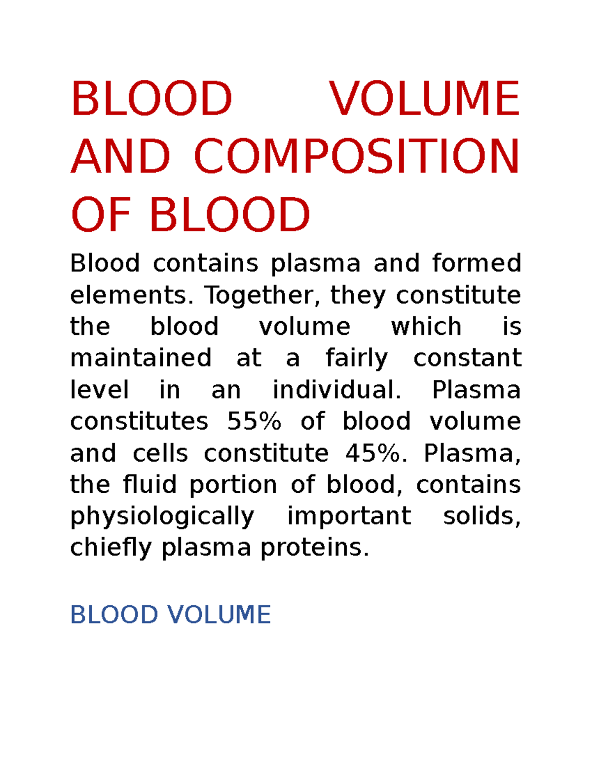 Blood Volume and Composition: Key Insights and Analysis - Studocu