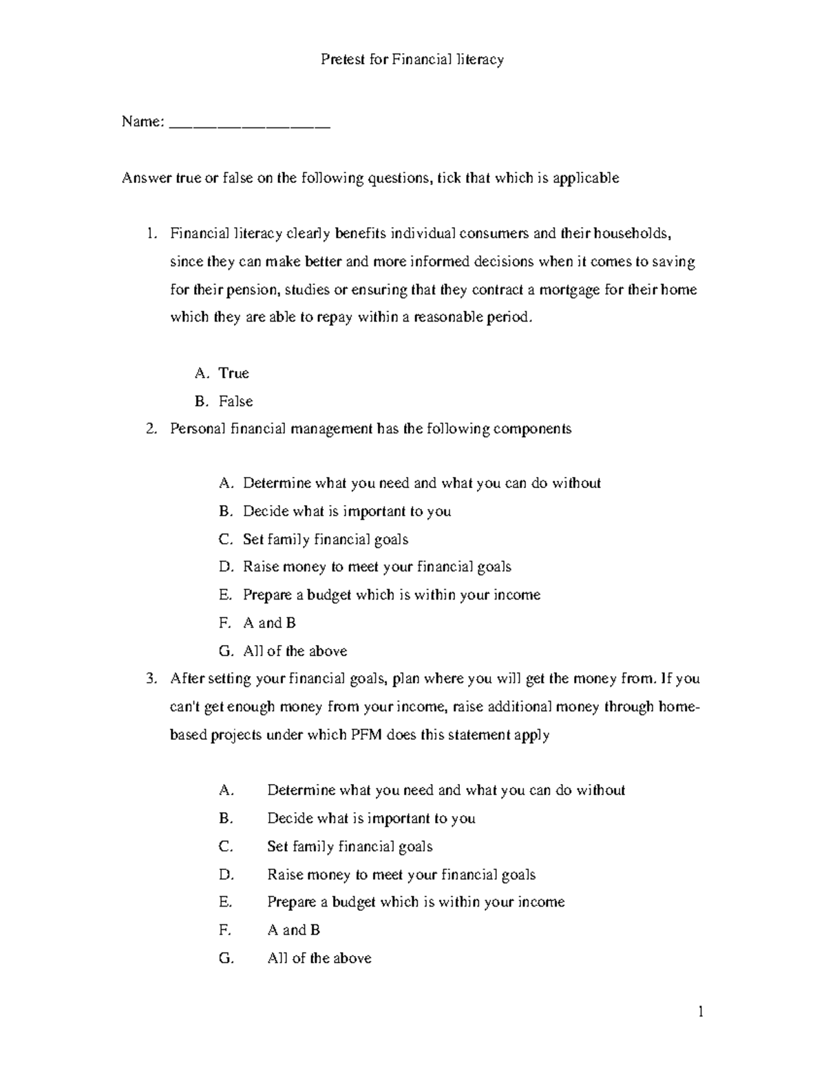 Pretest for Financial Literacy (FIN 101): True or False Questions - Studocu