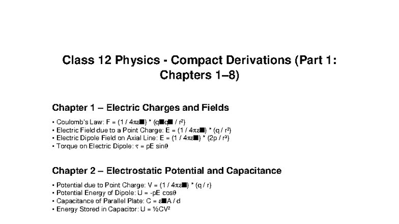 Class 12 Physics Derivations: Key Concepts & Formulas (Part 1) - Studocu