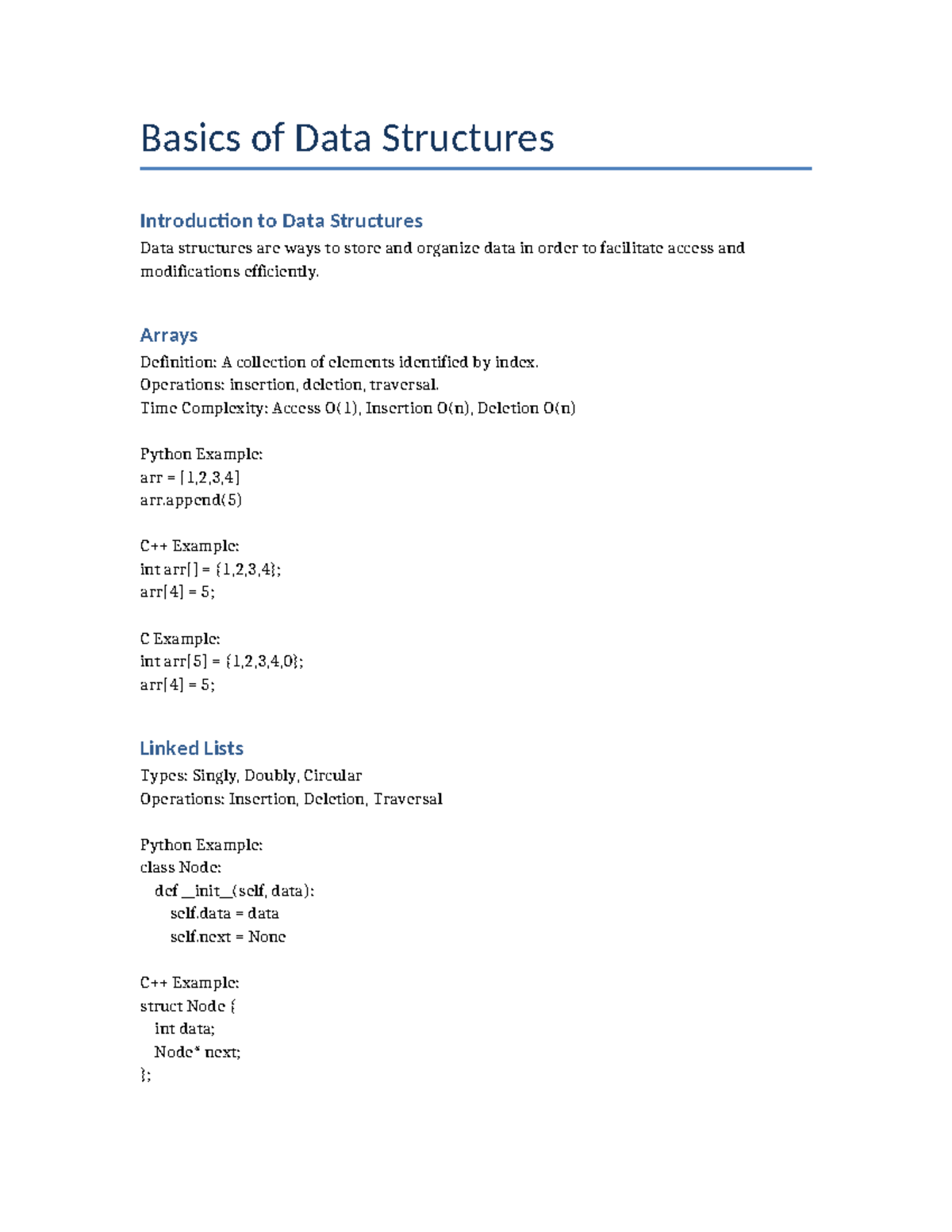 Data Structures Basics: Introduction to Key Concepts and Operations - Studocu