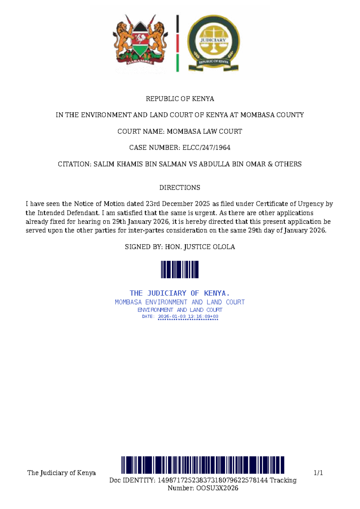 Order for Direction ELC 1964: Salim Khamis vs Abdulla Bin Omar - Studocu