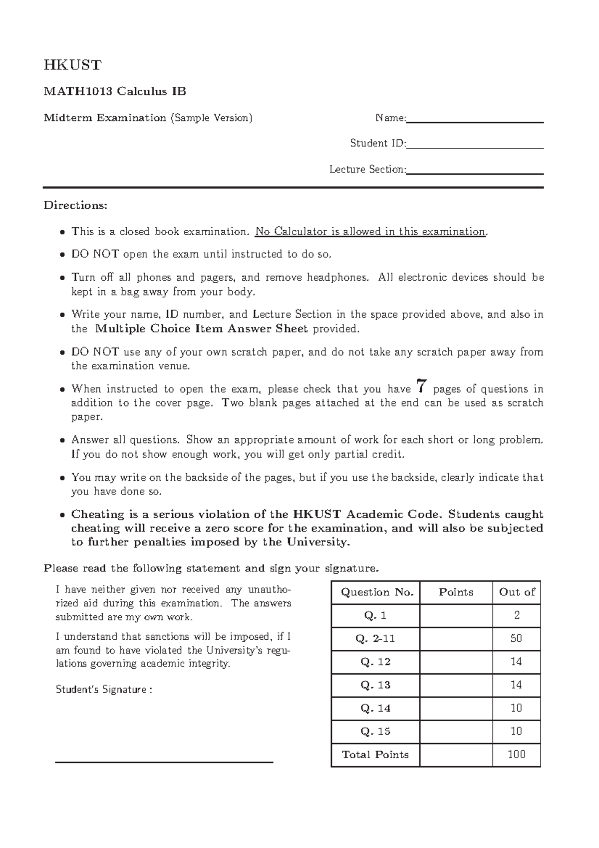 MATH 1013 Midterm Exam Sample Paper - Calculus IB - Studocu