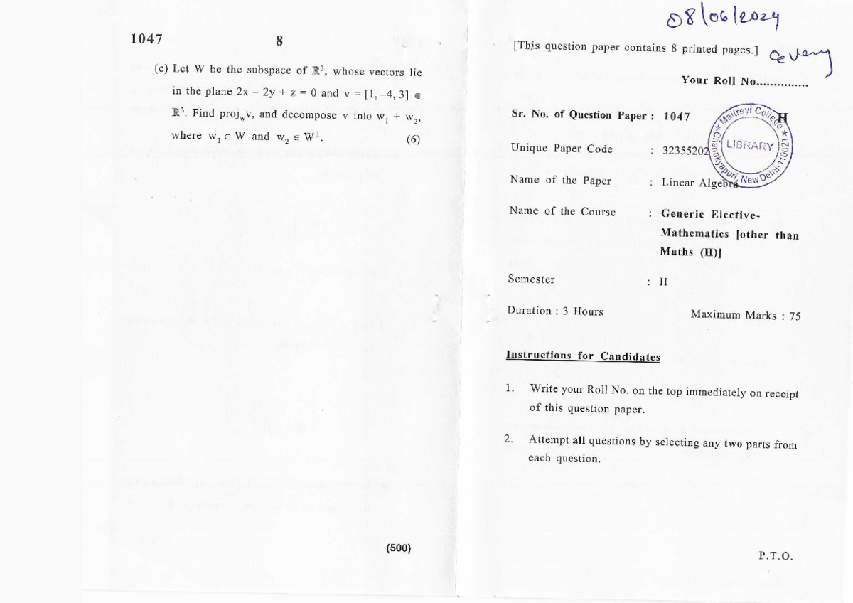 1047 Generic Elective Mathematics II: Linear Algebra PYQ6 Exam Paper ...