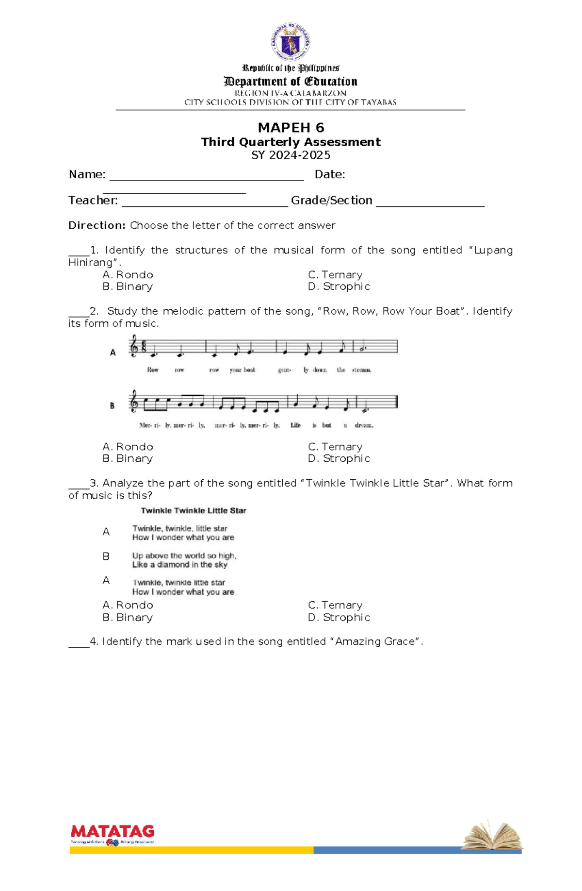 MAPEH 6 3rd Quarterly Assessment: Musical Forms & Dynamics - Studocu