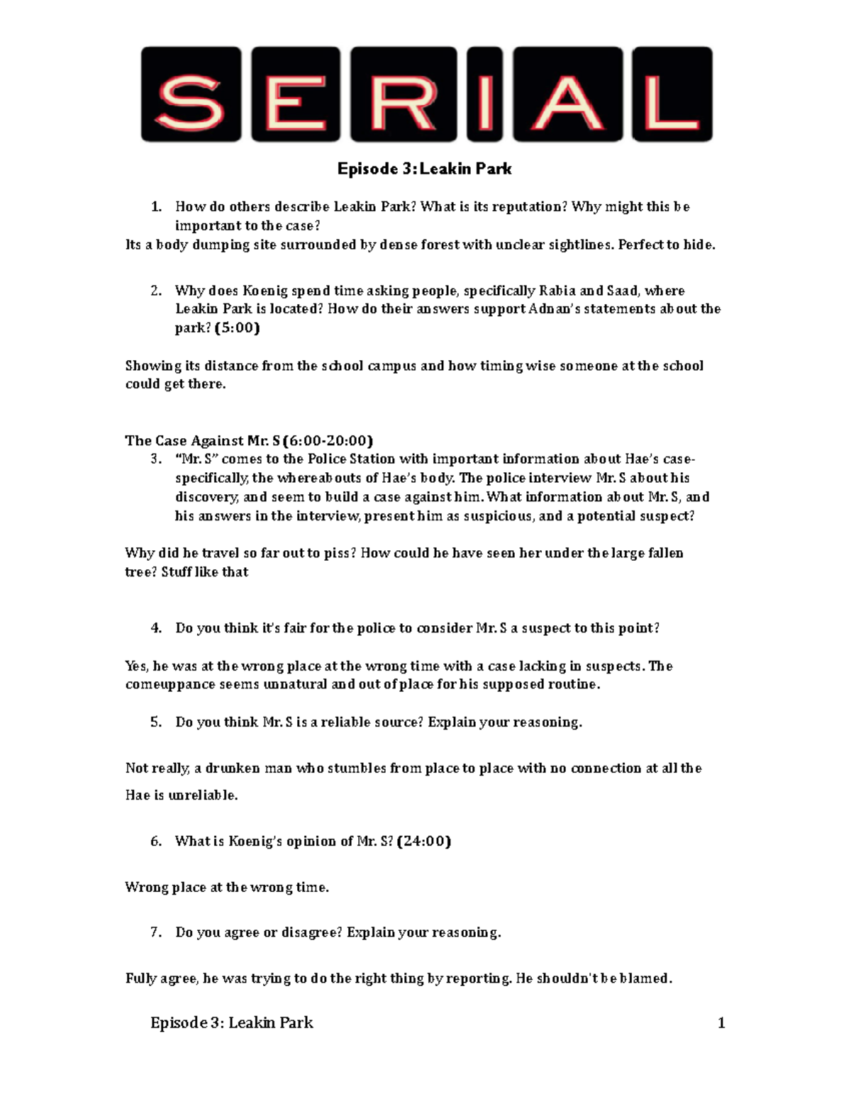 Episode 3: Leakin Park Murder Mystery Analysis - Studocu