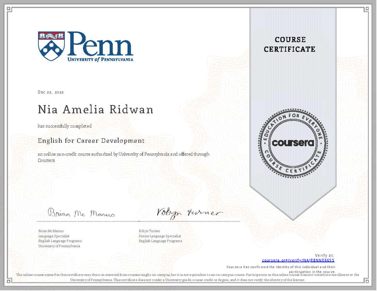 Certificate of Completion for NIA - English for Career Development ...