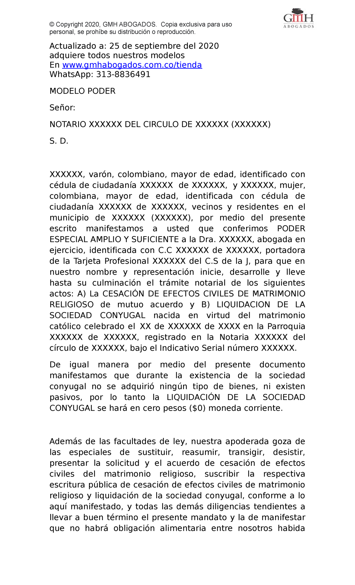 Modelo de Divorcio Notarial: Poder, Liquidación y Acuerdo - Studocu