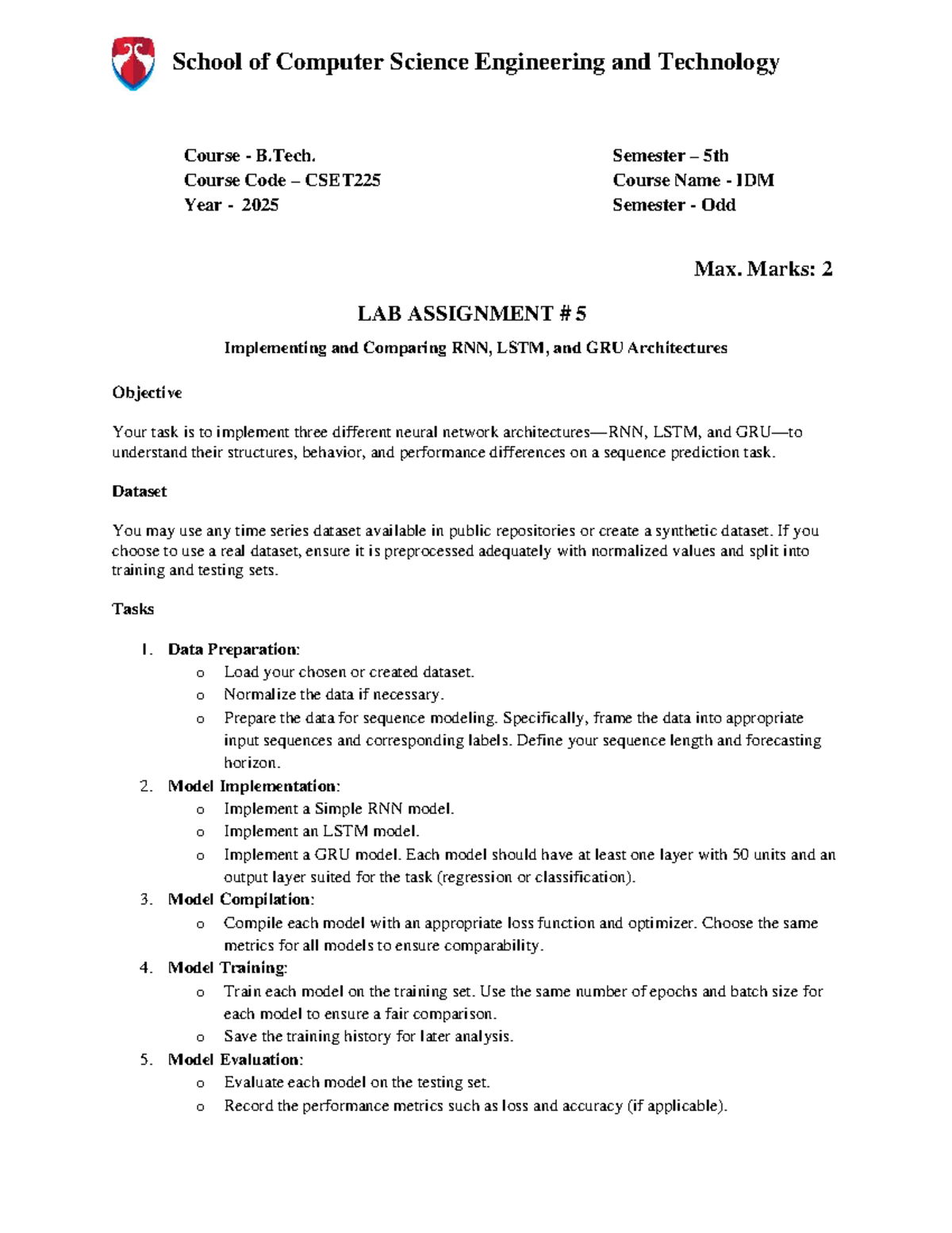 CSET225 Lab Assignment 5: RNN, LSTM, and GRU Comparison - Studocu