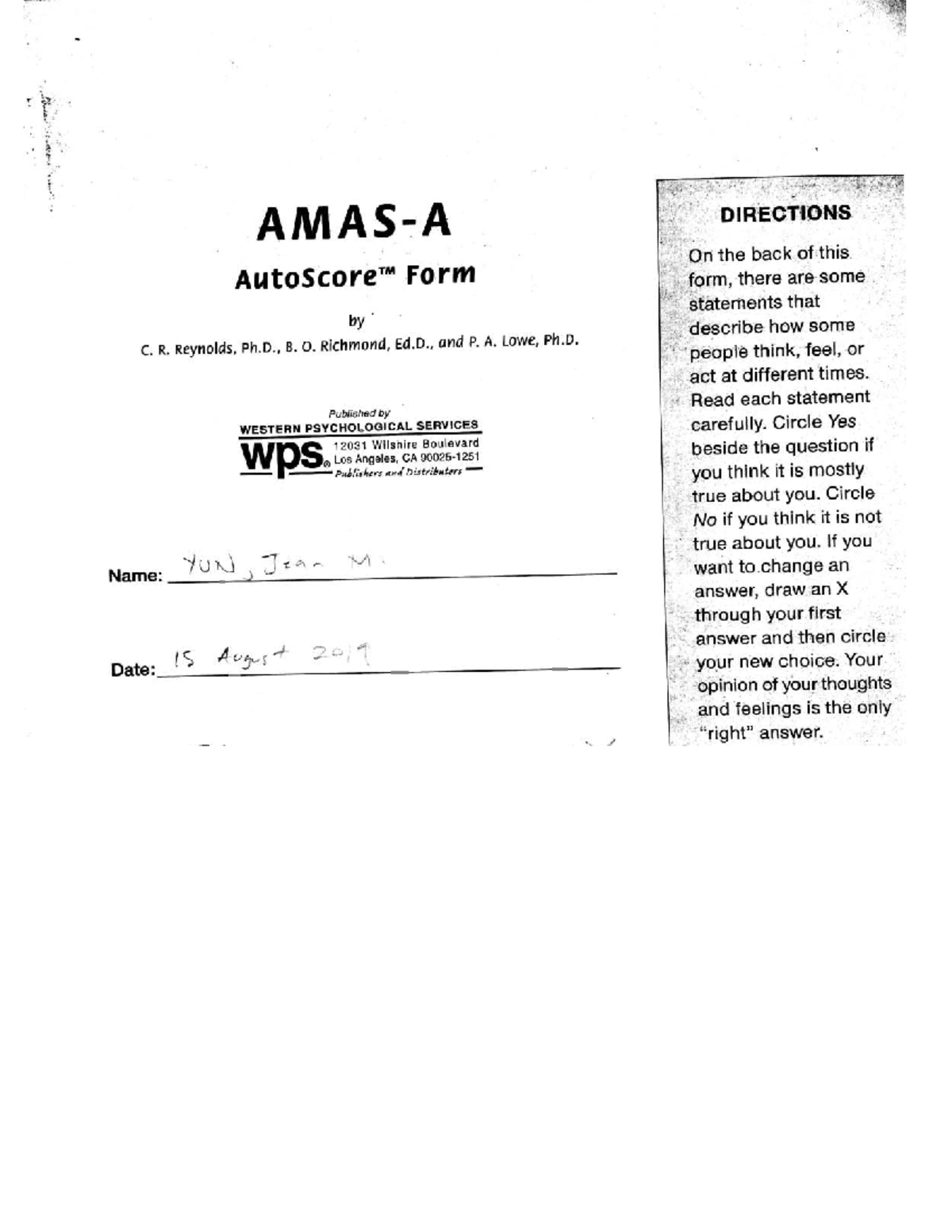 AMAS Test Socring, Anser Sheet, and Interpretation - Yes No 1. Yes No 2 ...