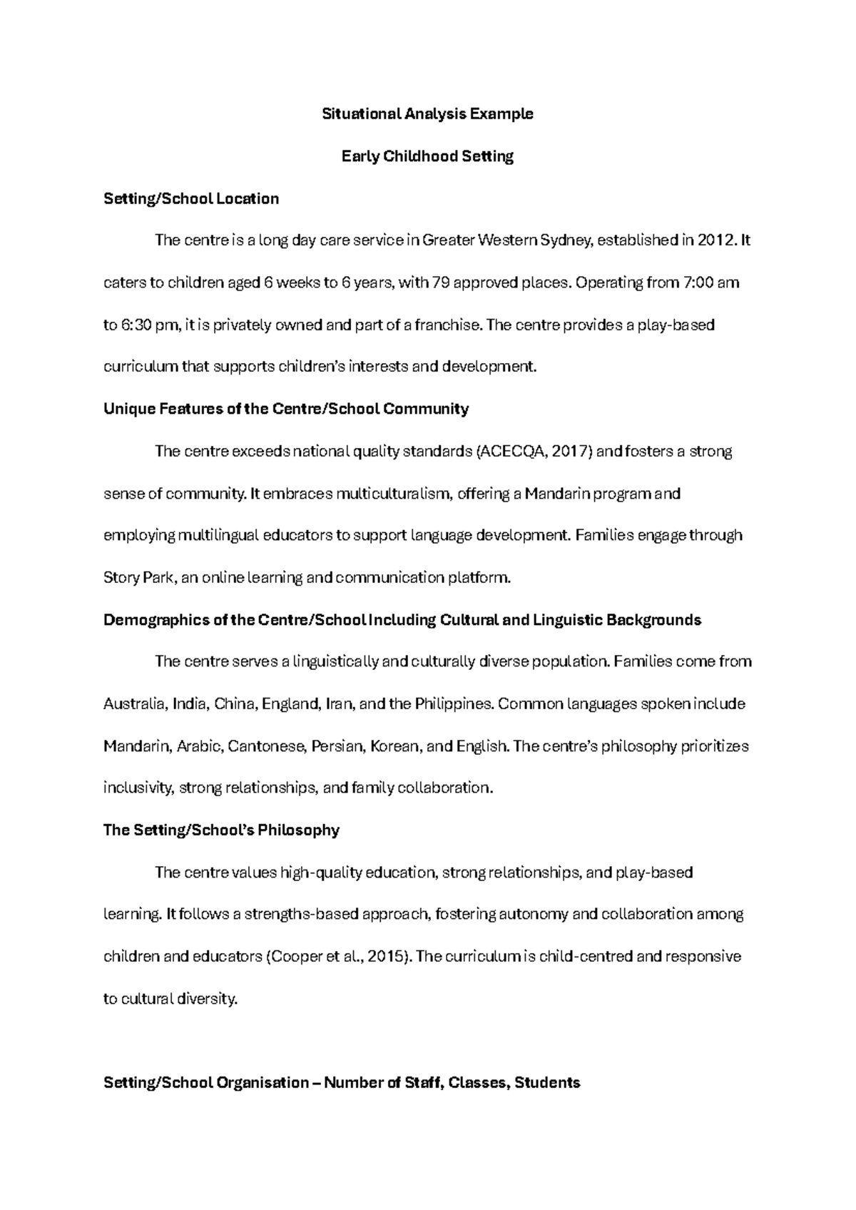 Task 1: Situational Analysis Report on Early Childhood Education ...