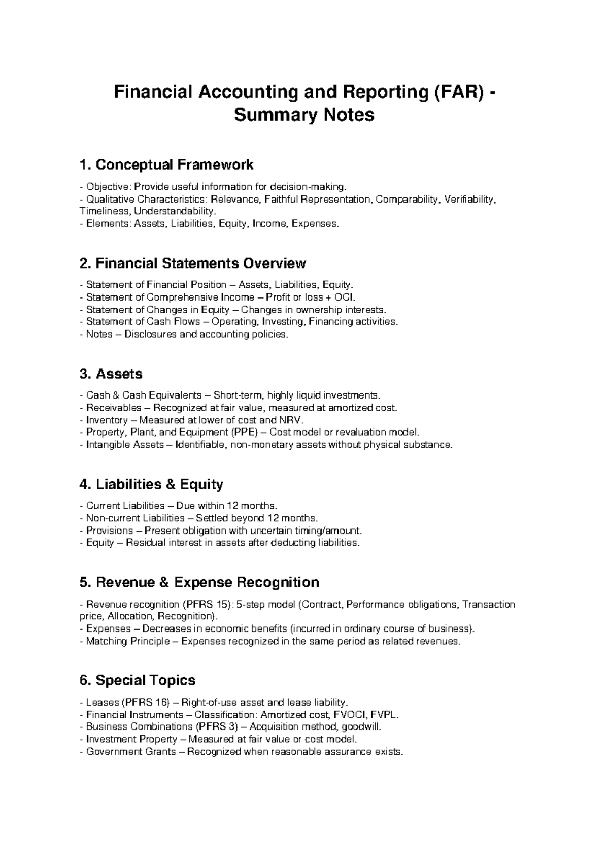 FAR Summary Notes: Key Concepts in Financial Accounting & Reporting ...