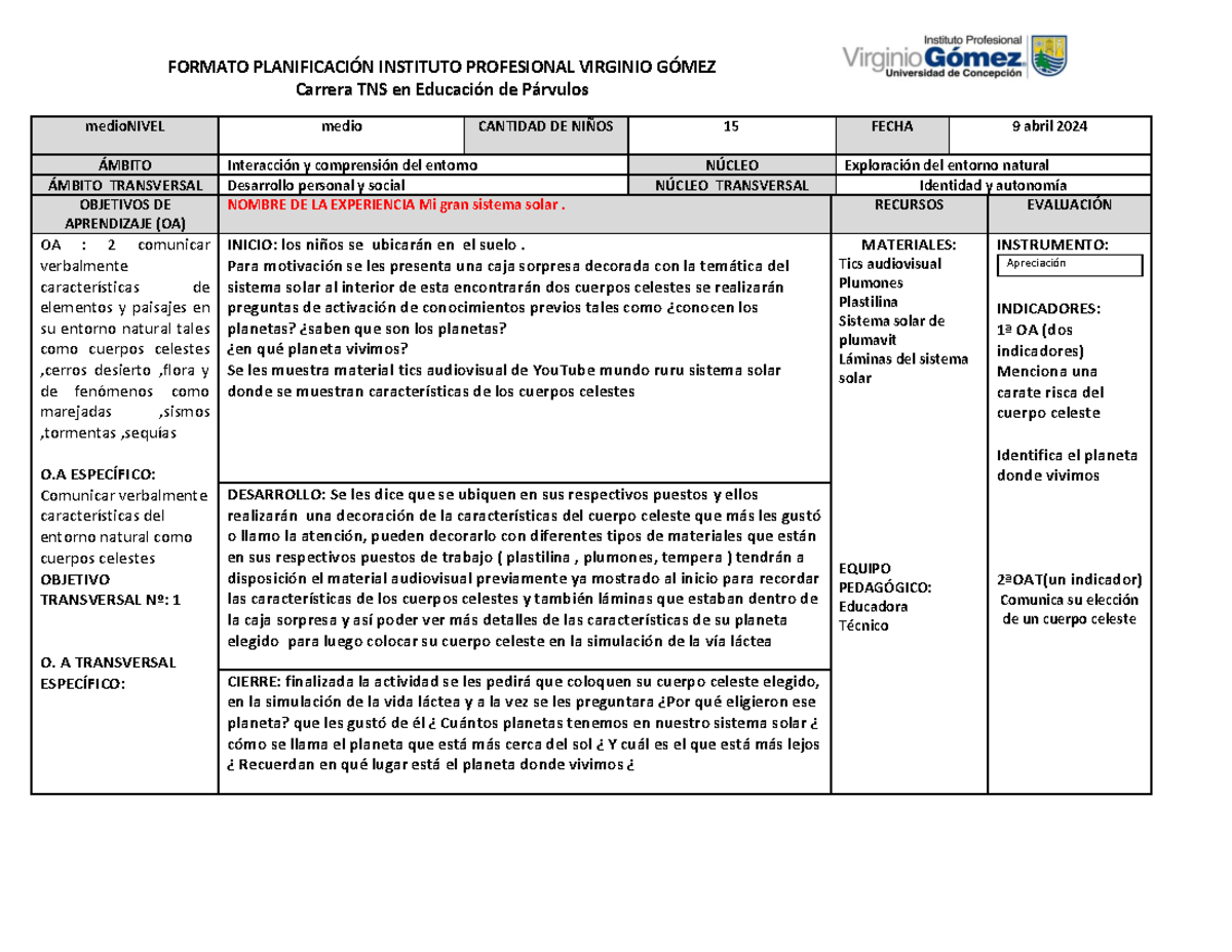 Planificación de Actividad: Mi Gran Sistema Solar - TNS Educación ...