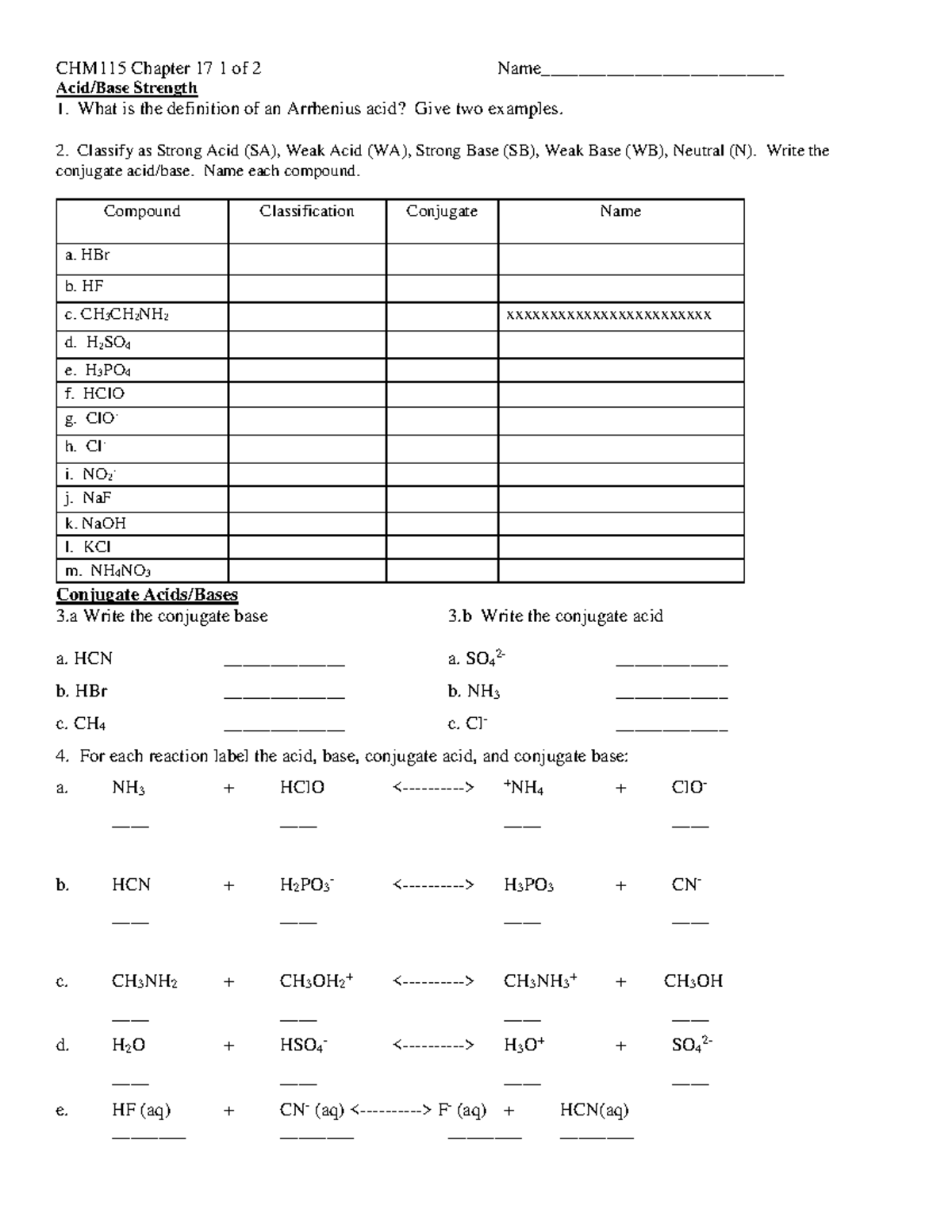 CHM115 Worksheet Problems Ch 17 - Acid/Base Strength What is the ...