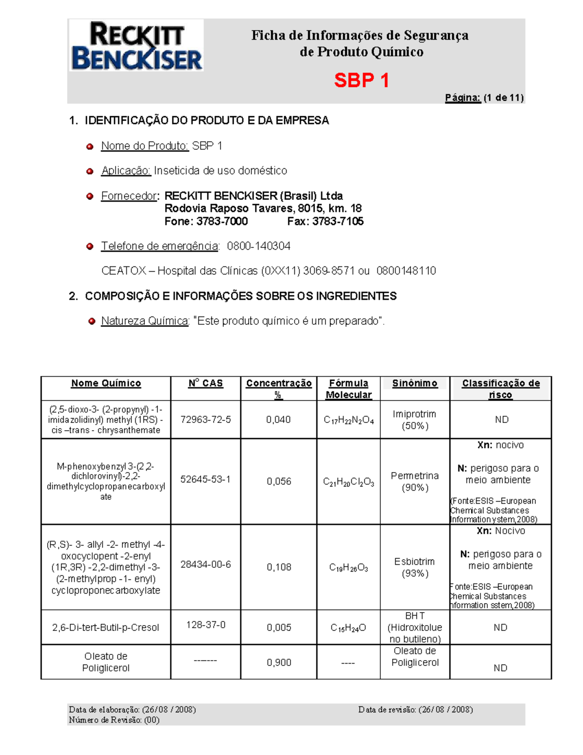 Ficha de Informações de Segurança de Produto Químico SBP - Inseticida ...