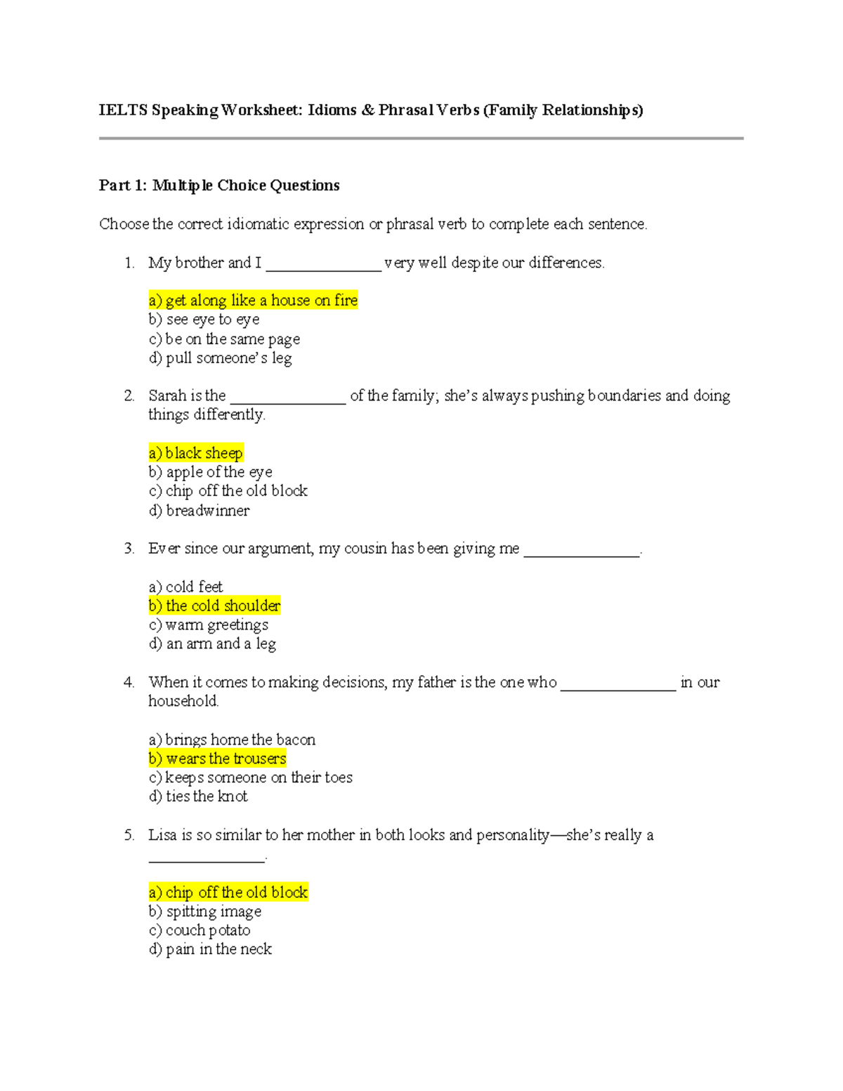 IELTS Speaking Worksheet: Family Relationship Idioms & Phrasal Verbs ...