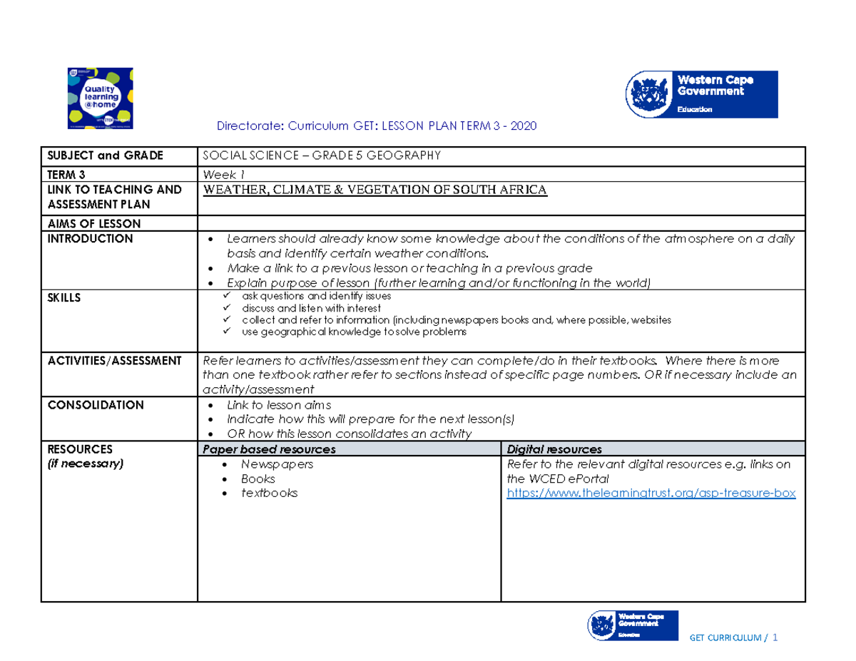 Lesson Plan GET IP Grade 5 Social Science Geography Term 3 Week 1 ...