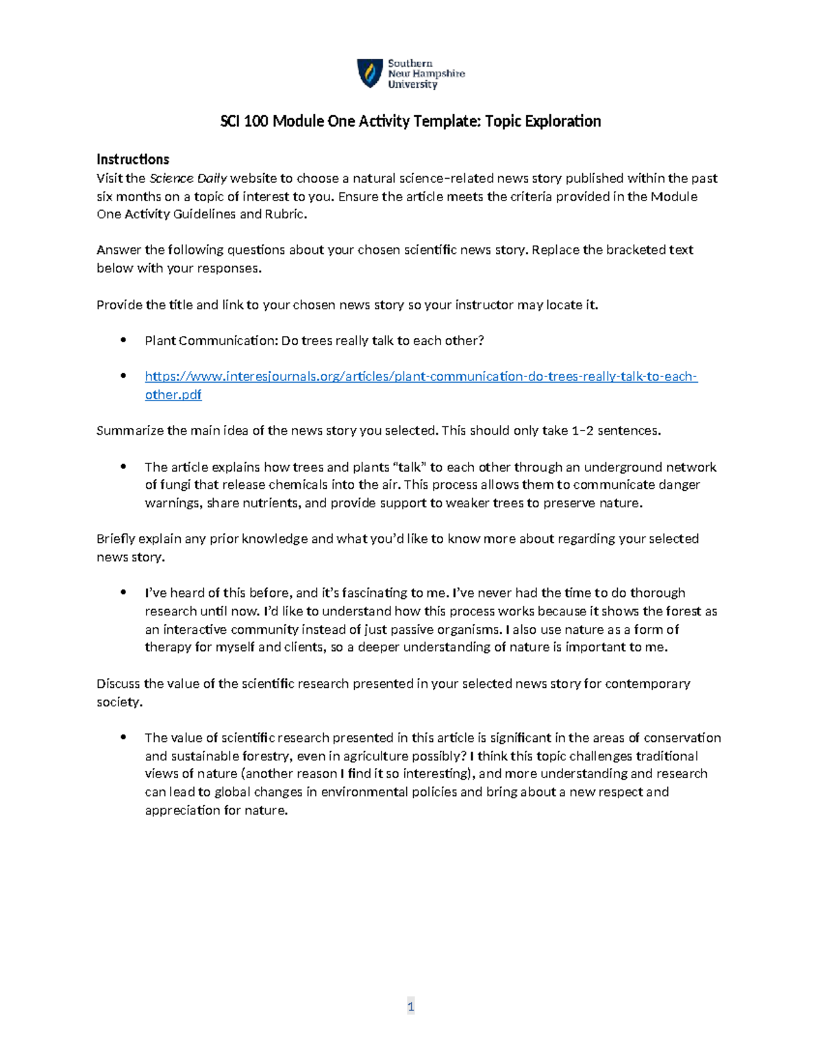 SCI 100 Wk 1 - Week 1 Assignment - SCI 100 Module One Activity Template: Topic Exploration - Studocu