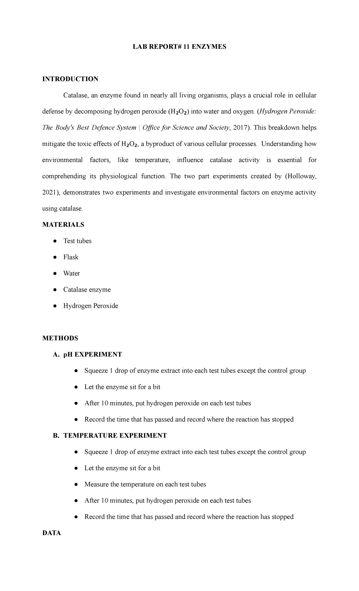 LAB Report #11: Investigating Catalase Activity under pH and ...